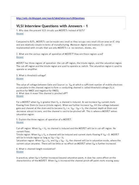 Vlsi Interview Questions With Answers Pdf Mosfet Field Effect