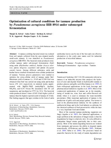 Pdf Optimization Of Cultural Conditions For Tannase Production By Pseudomonas Aeruginosa Iiib