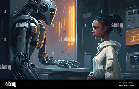 A Woman Standing In Front Of A Robot And Looking At The Screen With Her Hand On Her Hipser S