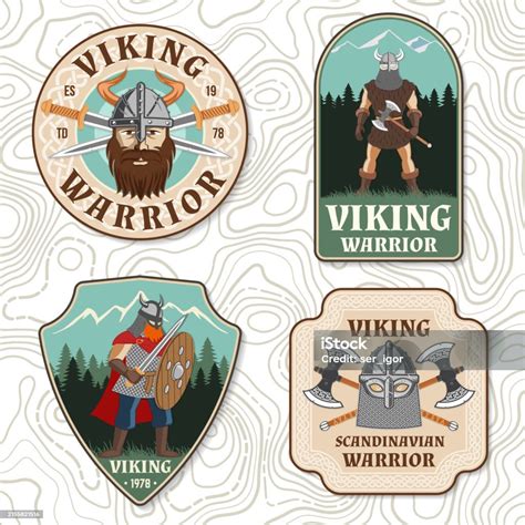 바이킹 전사 S 배지 스티커 세트 벡터 일러스트 레이 션입니다 엠블럼 라벨 및 패치용 패치 디자인 전령 방패 바이킹과 헬멧 교차