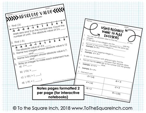 Comparing Integers Absolute Value And Operations With Integers Notes And To The Square Inch