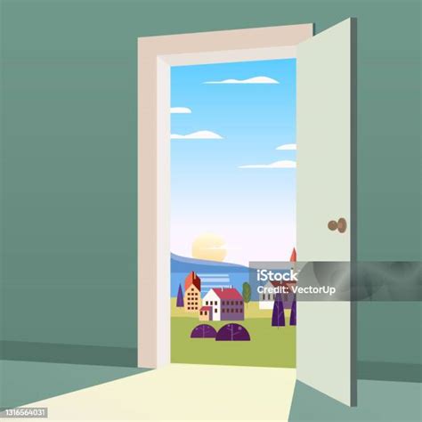 자연의 길을 열어 조경 바다 마을 은 자유 새로운 방법 출구 발견 기회를 상징한다 현실 세계에 동기 부여 개념 벡터 일러스트 만화 스타일 포스터 배너 0명에 대한 스톡 벡터