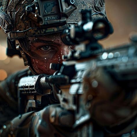 Close Up Of A Soldier Aiming Down Sights In Tactical Gear For Military Themed Projects Premium