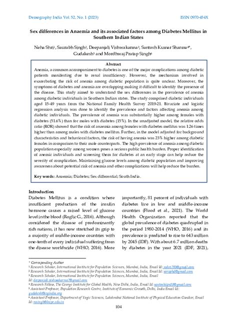 Pdf Sex Differences In Anaemia And Its Associated Factors Among Diabetes Mellitus In Southern
