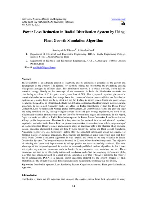 Pdf Power Loss Reduction In Radial Distribution System By Using Plant Growth Simulation Algorithm