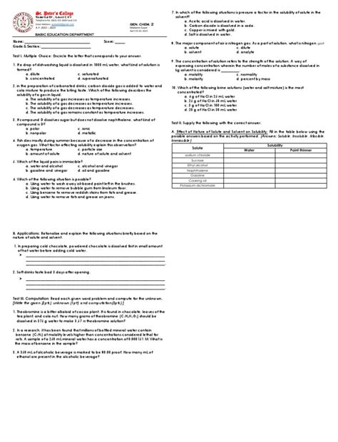 Gen Chem 2 Set B Pdf Solubility Concentration