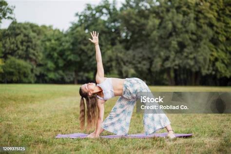 여름철 건강한 라이프스타일 컨셉의 그린 파크에서 스포츠웨어와 함께 요가 운동을 하고 있는 피트니스 여성 공원에 대한 스톡 사진 및 기타 이미지 Istock
