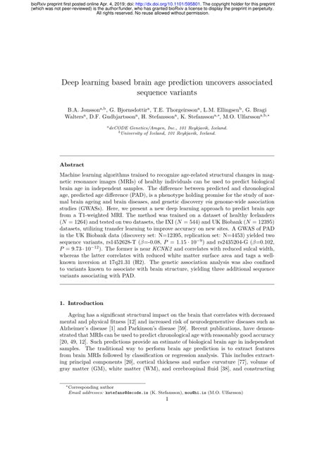 Pdf Deep Learning Based Brain Age Prediction Uncovers Associated Sequence Variants