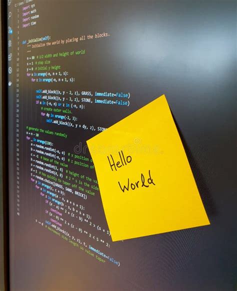 Computer Screen Showing Python Code With Yellow Sticker Saying Hello Computer Screen Showing Python Code With Yellow Sticker Saying Hello