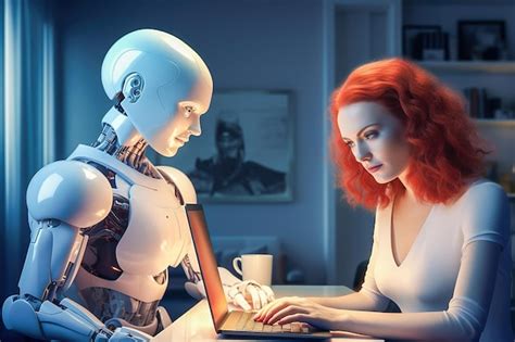 Premium Photo A Female Programmer Discusses Project Details With A Humanoid Robot