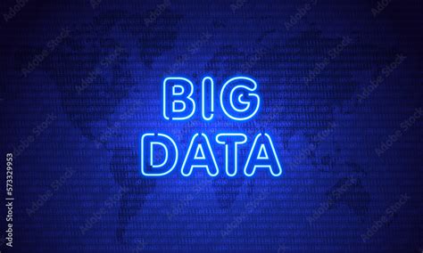 Big Data Neon Symbol On Blue Map Background With Binary Code Data