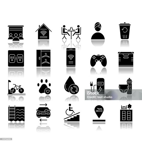 아파트 편의 시설은 그림자 검은 색 문말 아이콘 세트를 떨어 뜨립니다 주거 서비스 편안한 집 표지판 주거 주민을위한 사치품 숙소 편의 시설 격리된 벡터 일러스트레이션 개념에