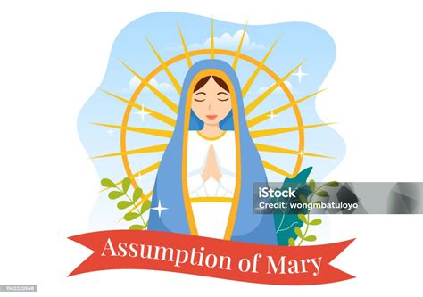 축복받은 동정녀의 축일과 천국의 비둘기들이 있는 마리아 벡터 일러스트레이션의 가정은 평평한 만화 손으로 그린 배경 템플릿에 있습니다 공휴일에 대한 스톡 벡터 아트 및 기타