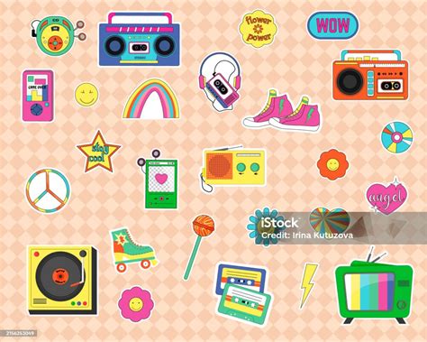 스티커 큰 세트 80년대와 90년대의 복고풍 요소 스테레오 테이프 레코더 롤러 스케이트와 운동화 Cd와 플레이어 Tv와 라디오 카세트 대형 휴대용 카세트 라디오에 대한 스톡