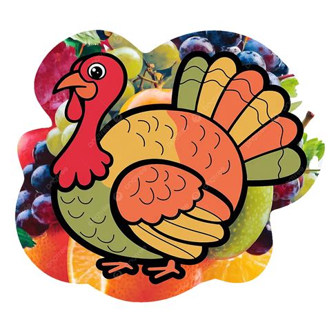 이미지는 몸이 왼쪽 프레임을 향하고 중앙에 다양한 과일과 채소로 둘러싸인 칠면조의 다채로운 그림입니다 붉은 부리 목 깃털이 혼합되어 있습니다 주황색 녹색 노란색에는 포도