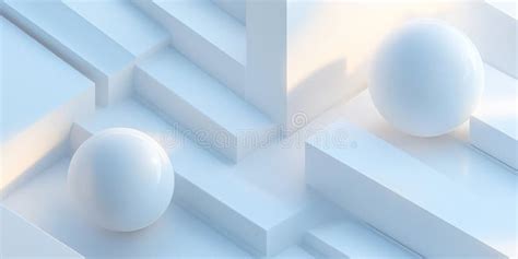 Modern Abstract Composition Of White Spheres And Blocks Illuminated By Soft Golden Light Stock