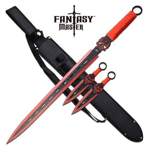 Red Skull Ninja Sword With Throwing Knives Set Fmt 058rd