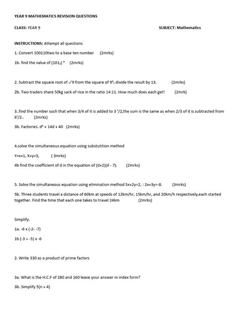 Year 9 Mathematics Revision Questions Pdf