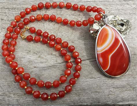 Red Agate Long Necklace With A Large Agate Pendant Agate Pendant
