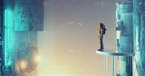 미래 도시의 플랫폼에 서 있는 우주 비행사 공상 과학과 판타지 개념 이것은 3d 렌더링 그림입니다 사진 Unsplash의 우주선 이미지