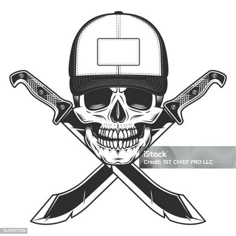 야구 모자를 쓴 해골과 정글에서 사냥꾼의 날카로운 칼 근접 무기 흰색 배경에 격리된 흑백 벡터 개념에 대한 스톡 벡터 아트 및 기타 이미지 Istock