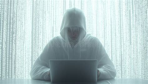 Computer Laptop Is Typed By Anonymous Hacker Wearing White Hoodie Concept Of Ethical Hacking