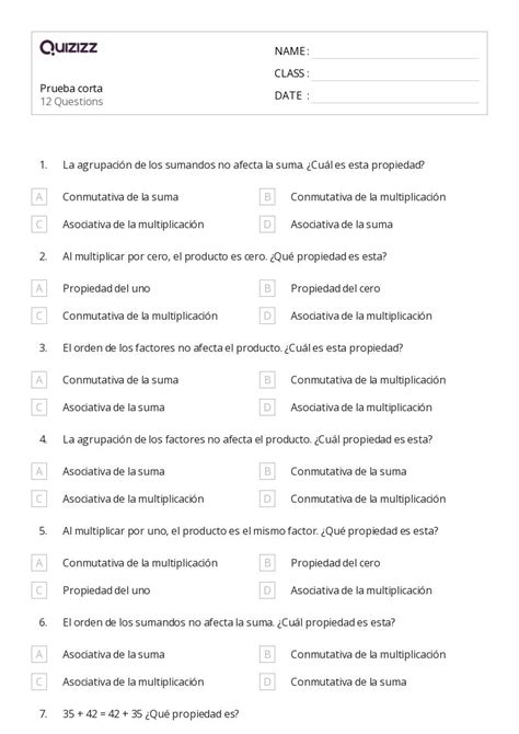 Hoja De Trabajo De Propiedades De Multiplicación De Cuarto Grado