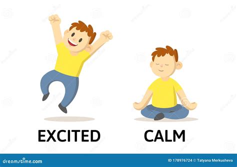 Words Excited And Calm Flashcard With Cartoon Characters Opposite Adjectives Explanation Card