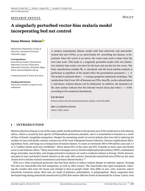 A Singularly Perturbed Vector‐bias Malaria Model Incorporating Bed Net