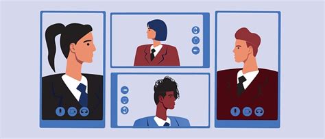 라이브 온라인 프리젠 테이션을 통해 회의에 참여 디지털 기술을 사용하여 회의 및 네트워킹의 개념으로 플랫 벡터 스톡 일러스트 레이 션 가상현실에 대한 스톡 벡터 아트 및