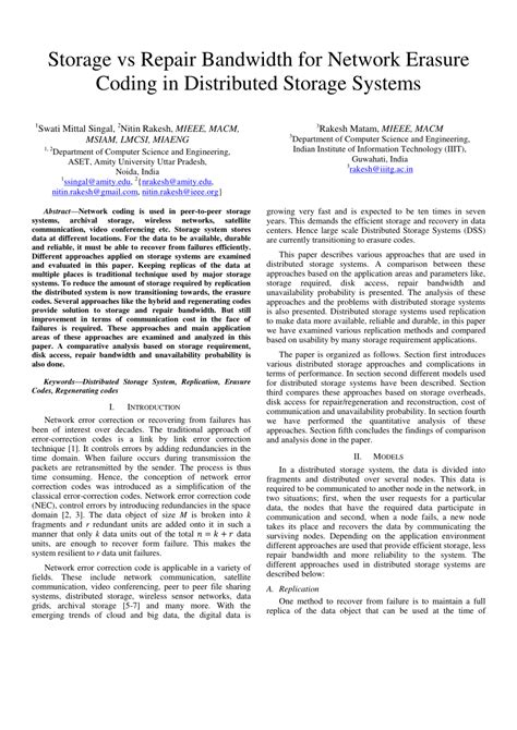 pdf storage vs repair bandwidth for network erasure coding in distributed storage systems
