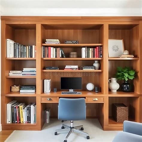 Custom Built Wooden Shelving Unit In A Home Office Featuring A Mix Of