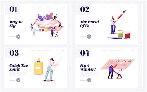 항공기 모델링 방문 페이지 템플릿 집합입니다 거대한 비행기 모델을 조립하고 페인팅하는 작은 캐릭터 계획 아버지와 아들 창조적 인