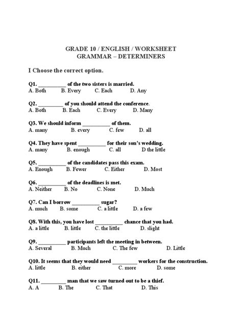 Grade 10 Grammar Worksheet On Determiners Pdf