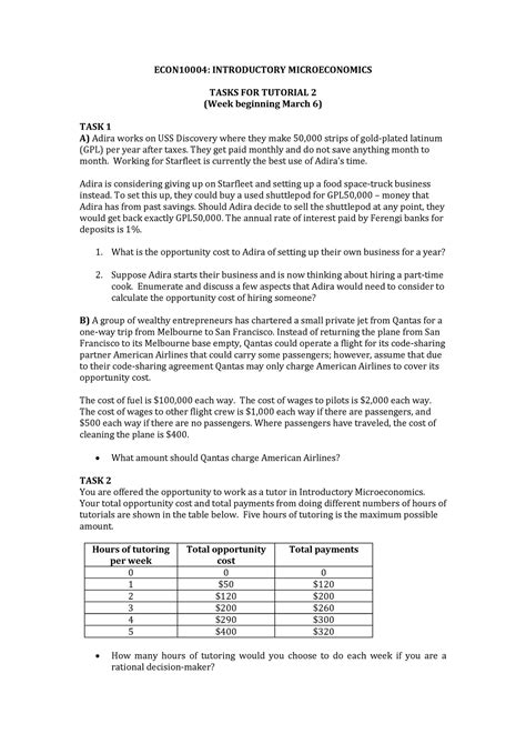 Week 2 Tutorial Questions Econ10004 Introductory Microeconomics Tasks For Tutorial 2 Week