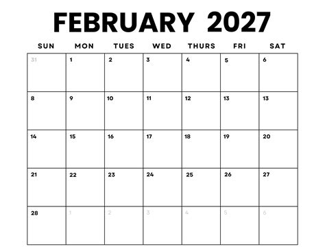 February 2027 Minimalist Calendar Printable Monthly Template Pdf Etsy