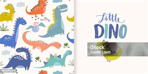 이음새가 없는 본과 인사말 카드 또는 초대장으로 놓인 작은 공룡 다양한 종류의 귀여운 공룡 벽지 보육원 섬유 포장지에 유용한 배경 0명에 대한 스톡 벡터 아트 및 기타