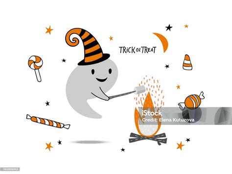 트릭 또는 할로윈 카드 치료 귀여운 유령은 모닥불 위에 막대기에 마시멜로를 구운다 과자로 둘러싸인 웃는 유령 포스터 인사말 초대를위한 만화 평면 스타일의 벡터 일러스트 레이