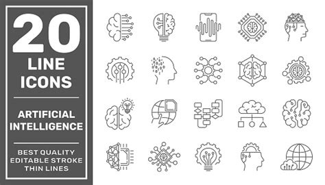 인공 지능 아이콘은 라인 스타일 기계 학습 스마트 로봇 및 클라우드 컴퓨팅 네트워크로 설정됩니다 디지털 Ai 기술 인터넷 해결 알고리즘 편집 가능한 획 Cpu에 대한 스톡