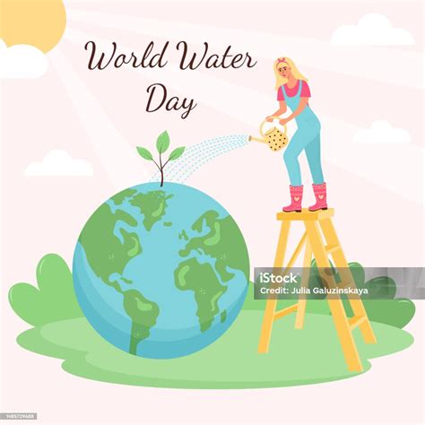 여자는 사다리 위에 서서 물을 깡통으로 지구에 물을 주고 있다 땅에서 자라는 새싹과 태양이 빛나고 있습니다 세계 물의 날 담수 문제 환경 보호 기후 변화 개념 구조에 대한
