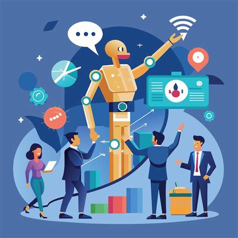 Premium Vector A Poster With A Robot And People Pointing At A Computer Screen