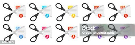 파일 형식 아이콘이 설정되었습니다 가위는 문서를 자릅니다 플랫 스타일 디자인의 인기 있는 파일 형식 및 문서입니다 그래픽 템플릿 오디오 비디오 이미지 시스템 아카이브 문서