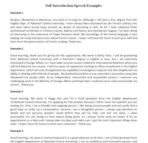 7 Free Self Introduction Speech Examples In Ms Word Templates Show