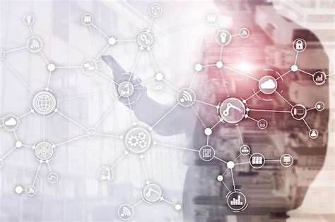 가상 화면 Iot 스마트 산업 개념 혼합 미디어 다이어그램의 기술 산업 비즈니스 프로세스 워크플로 조직 구조 프리미엄 사진