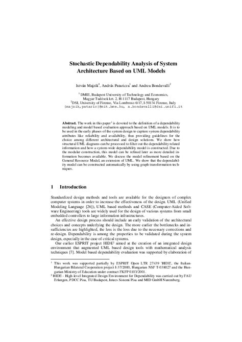 Pdf Stochastic Dependability Analysis Of System Architecture Based On Uml Models