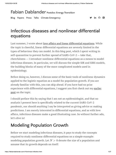 Infectious Diseases And Nonlinear Differential Equations Fabian Dablander Pdf Eigenvalues