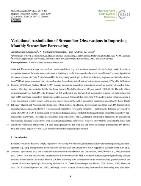 Pdf Variational Assimilation Of Streamflow Observations In Improving Monthly Streamflow