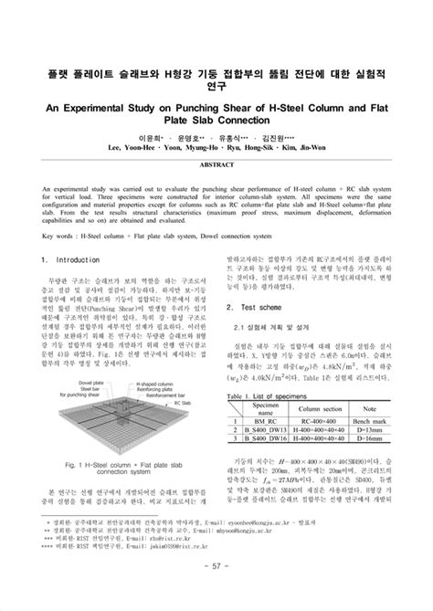 플랫 플레이트 슬래브와 H형강 기둥 접합부의 뚫림 전단에 대한 실험적 연구 Koreascholar