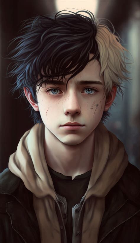 Realistic Drawing Of A Teenager Boy With Black And White Hair Messy