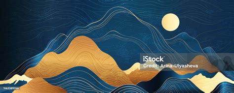 밤의 달과 산 추상적인 수평 배경 디자인 콜라주 기법의 금색과 파란색의 자연 언덕 권위있는 예술은 벽 초대장 포장 디자인 벽화에 인쇄하기에 적합합니다 산에 대한 스톡 벡터